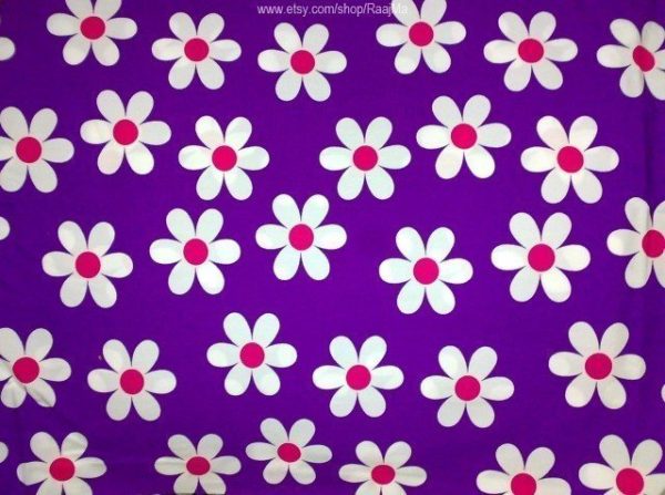 Large Floral Print Fabric Violet Background White Daisies